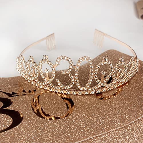 Janinus 30th Birthday Tiara And Sash For Women Rose Gold 30th Birthday Decorations For Her - Rose Gold 30th Birthday Sash, Crown/Tiara and Birthday Cake Toppers 30th Birthday Gifts For Her