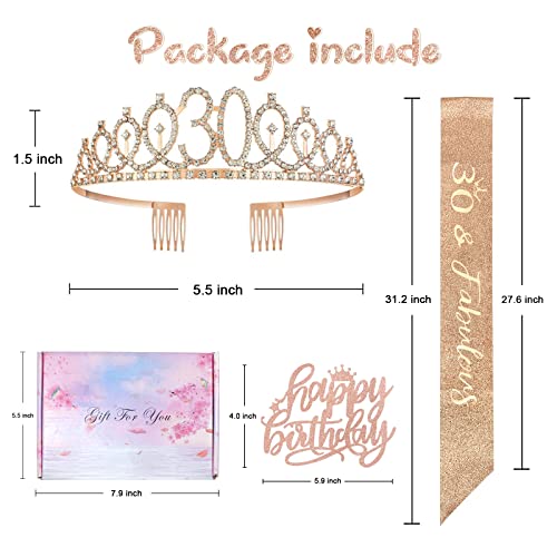 Janinus 30th Birthday Tiara And Sash For Women Rose Gold 30th Birthday Decorations For Her - Rose Gold 30th Birthday Sash, Crown/Tiara and Birthday Cake Toppers 30th Birthday Gifts For Her