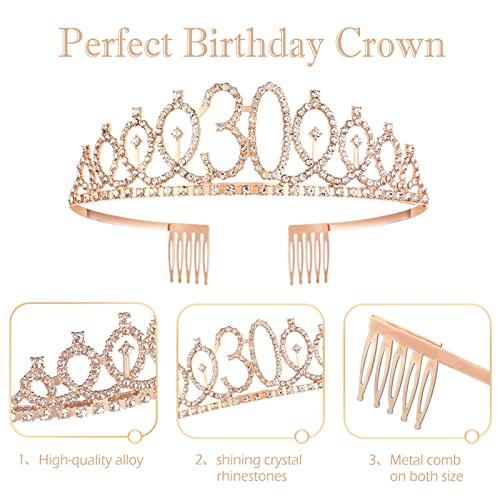 Janinus 30th Birthday Tiara And Sash For Women Rose Gold 30th Birthday Decorations For Her - Rose Gold 30th Birthday Sash, Crown/Tiara and Birthday Cake Toppers 30th Birthday Gifts For Her