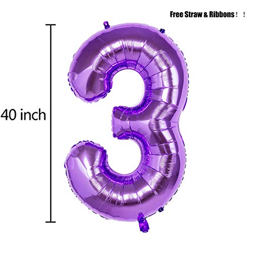 40 Inch Purple Jumbo Digital Number Balloons 3 Huge Giant Balloons Foil Mylar Number Balloons for Birthday Party,Wedding, Bridal Shower Engagement