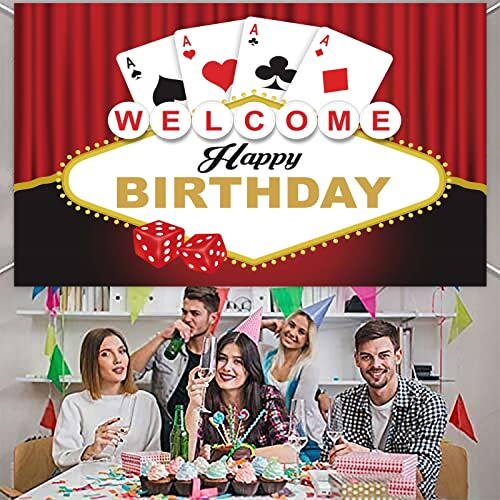 Poker Dice Welcome Happy Birthday Banner Backdrop Background Gamble Casino Theme Decor for Las Vegas Good Luck Party De Casino Night Carnival Adults Birthday Party Favors Supplies Decorations