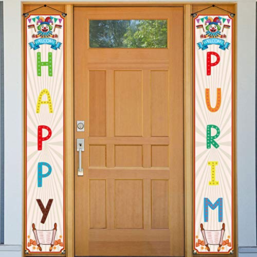 Rainlemon Happy Purim Porch Banner Jewish Holiday Carnival Party Circus Clown Front Door Sign Decoration Supply