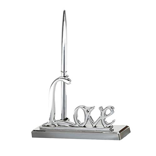 Beaupretty Wedding Signing Pen with Metal Love Sign Stand Valentines Day Engagement Guest Book Holder Set (Silver)