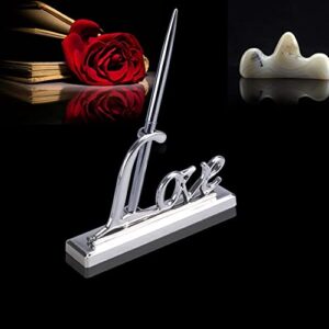 Beaupretty Wedding Signing Pen with Metal Love Sign Stand Valentines Day Engagement Guest Book Holder Set (Silver)