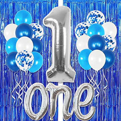 XtraLarge, Blue Foil Fringe Curtain - 8x3.2 Feet, Pack of 2 | Huge Silver 1 Balloon for First Birthday - Pack of 22 | Blue Fringe Curtain, First Birthday Balloons for 1st Birthday Decorations for Boys