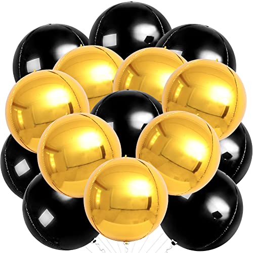 Big 22 Inch Gold Foil Balloons - Pack of 12, Gold Mylar Balloons | Black Mylar Balloons - 22 Inch, Pack of 12 | Round 4D Metallic Gold Balloons | Black Shiny Balloons for Black Birthday Decorations