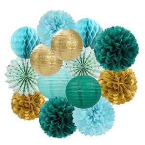 sage-green teal-blue party-decorations streamers lanterns – 14pcs rustic wedding baby shower paper lanterns fan,tissue pom poms streamers,honeycomb balls,birthday bachelorette engagement bridal decor ouruola