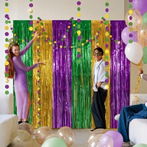 Green Gold Purple Mardi Gras Backdrop Fat Tuesday Tinsel Foil Fringe Curtain Circle Dot Garland Mardi Gras Party Decorations Birthday Bacherlorette Bridal Baby Shower Party Supplies