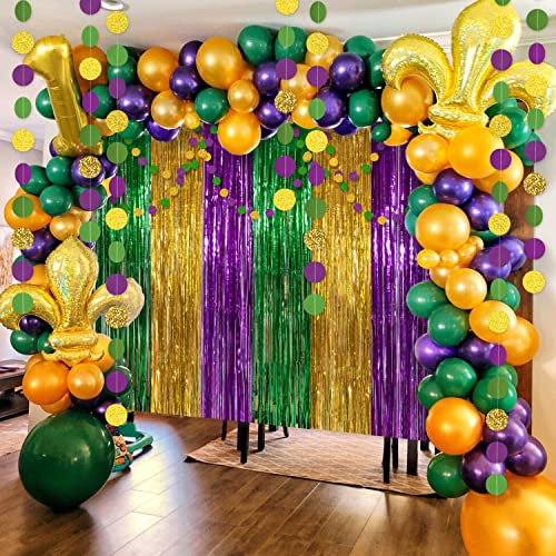 Green Gold Purple Mardi Gras Backdrop Fat Tuesday Tinsel Foil Fringe Curtain Circle Dot Garland Mardi Gras Party Decorations Birthday Bacherlorette Bridal Baby Shower Party Supplies