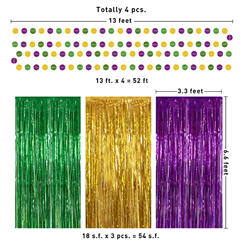 Green Gold Purple Mardi Gras Backdrop Fat Tuesday Tinsel Foil Fringe Curtain Circle Dot Garland Mardi Gras Party Decorations Birthday Bacherlorette Bridal Baby Shower Party Supplies