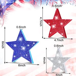 3 Pieces 4th of July Wood Star Signs Independence Day Table Decorations, Freestanding Block Star Cutout with Rhinestone Decor for Living Room Dining Table Centerpieces Memorial Day Decorations