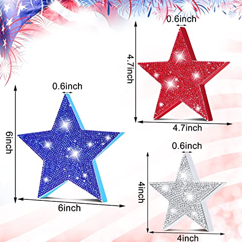 3 Pieces 4th of July Wood Star Signs Independence Day Table Decorations, Freestanding Block Star Cutout with Rhinestone Decor for Living Room Dining Table Centerpieces Memorial Day Decorations