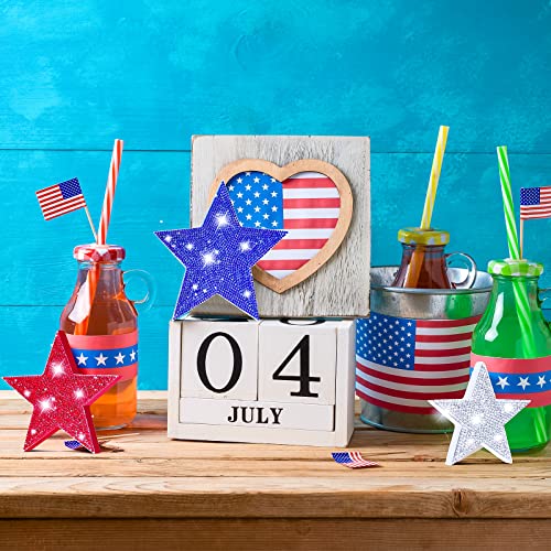 3 Pieces 4th of July Wood Star Signs Independence Day Table Decorations, Freestanding Block Star Cutout with Rhinestone Decor for Living Room Dining Table Centerpieces Memorial Day Decorations