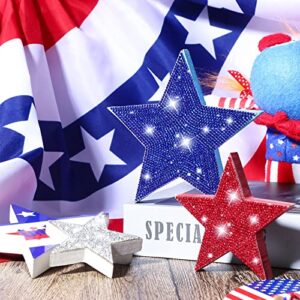 3 Pieces 4th of July Wood Star Signs Independence Day Table Decorations, Freestanding Block Star Cutout with Rhinestone Decor for Living Room Dining Table Centerpieces Memorial Day Decorations