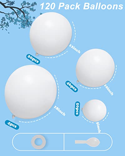 CACOLULU White Balloons Garland Arch - 120Pcs 18+12+10+5 Inch White Balloons Different Sizes Pack, White Latex Balloons Garland Kit for All White Wedding/Baby Shower/Engagement/Birthday Decorations