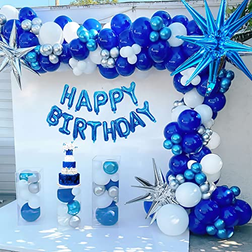 Royal blue White Silver balloon Garland Arch Kit Metallic Blue Balloons with Starburst foil balloons for Men birthday decorations Graduation Ceremony supplies