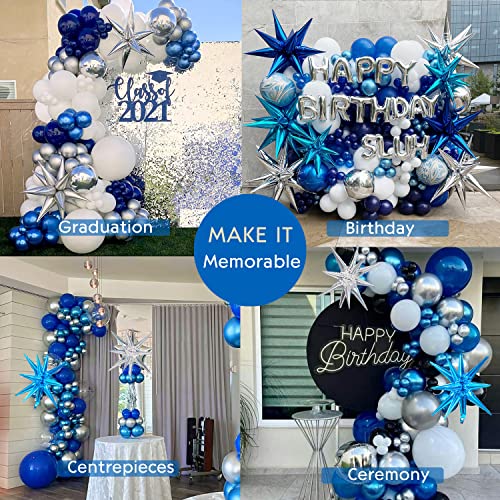 Royal blue White Silver balloon Garland Arch Kit Metallic Blue Balloons with Starburst foil balloons for Men birthday decorations Graduation Ceremony supplies