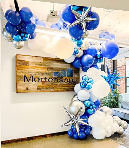 Royal blue White Silver balloon Garland Arch Kit Metallic Blue Balloons with Starburst foil balloons for Men birthday decorations Graduation Ceremony supplies