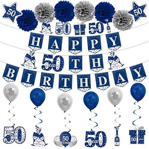 Kauayurk Blue Silver 50th Birthday Banner Decorations Kit for Men, 26pcs Fifty Birthday Banner Balloon Hanging Swirl Poms Party Supplies, 50 Years Old Birthday Sign Decor