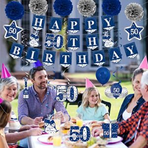 Kauayurk Blue Silver 50th Birthday Banner Decorations Kit for Men, 26pcs Fifty Birthday Banner Balloon Hanging Swirl Poms Party Supplies, 50 Years Old Birthday Sign Decor