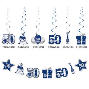 Kauayurk Blue Silver 50th Birthday Banner Decorations Kit for Men, 26pcs Fifty Birthday Banner Balloon Hanging Swirl Poms Party Supplies, 50 Years Old Birthday Sign Decor