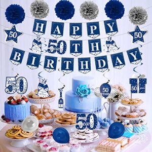 Kauayurk Blue Silver 50th Birthday Banner Decorations Kit for Men, 26pcs Fifty Birthday Banner Balloon Hanging Swirl Poms Party Supplies, 50 Years Old Birthday Sign Decor