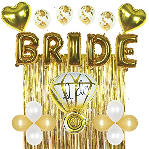 Bridal Shower Bachelorette Party Decorations Kit Gold – Set Includes 1 Fringe Curtain, 1 Set of Foil Bride Balloons, 1 Ring Balloon, 2 Heart Balloons, 4 Confetti Balloons, 4 Gold, 4 White Balloons