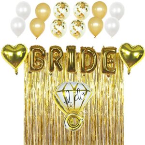 Bridal Shower Bachelorette Party Decorations Kit Gold – Set Includes 1 Fringe Curtain, 1 Set of Foil Bride Balloons, 1 Ring Balloon, 2 Heart Balloons, 4 Confetti Balloons, 4 Gold, 4 White Balloons