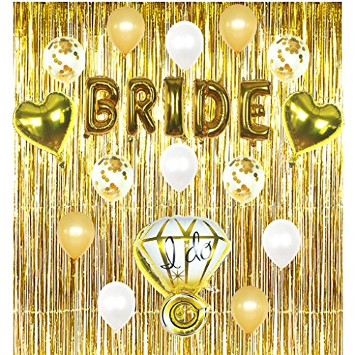 Bridal Shower Bachelorette Party Decorations Kit Gold – Set Includes 1 Fringe Curtain, 1 Set of Foil Bride Balloons, 1 Ring Balloon, 2 Heart Balloons, 4 Confetti Balloons, 4 Gold, 4 White Balloons