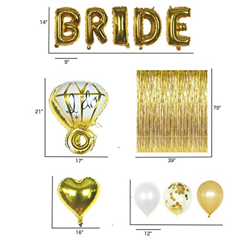 Bridal Shower Bachelorette Party Decorations Kit Gold – Set Includes 1 Fringe Curtain, 1 Set of Foil Bride Balloons, 1 Ring Balloon, 2 Heart Balloons, 4 Confetti Balloons, 4 Gold, 4 White Balloons