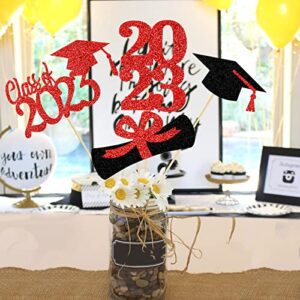 Graduation Party Centerpieces for Tables 2023 Red Glitter Graduation Tables Centerpieces Sticks, Class of 2023 Table Toppers for 2023 Graduation Table Decorations - 24 Pieces