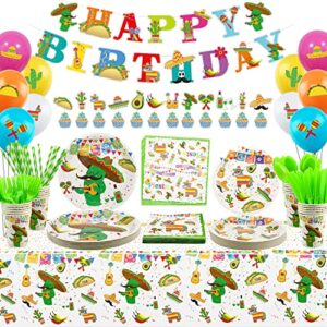 226 pcs mexican themed fiesta party supplies – paper plates, cups, napkins, straws forks knives spoons, balloon, tablecloth, happy birthday banner for cinco de mayo disposable tableware set, serves 24