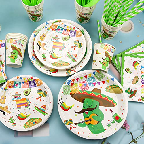 226 PCS Mexican Themed Fiesta Party Supplies - Paper Plates, Cups, Napkins, Straws Forks Knives Spoons, Balloon, Tablecloth, HAPPY BIRTHDAY Banner for Cinco de Mayo Disposable Tableware Set, Serves 24