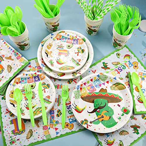 226 PCS Mexican Themed Fiesta Party Supplies - Paper Plates, Cups, Napkins, Straws Forks Knives Spoons, Balloon, Tablecloth, HAPPY BIRTHDAY Banner for Cinco de Mayo Disposable Tableware Set, Serves 24