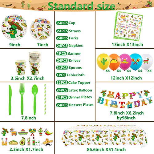 226 PCS Mexican Themed Fiesta Party Supplies - Paper Plates, Cups, Napkins, Straws Forks Knives Spoons, Balloon, Tablecloth, HAPPY BIRTHDAY Banner for Cinco de Mayo Disposable Tableware Set, Serves 24