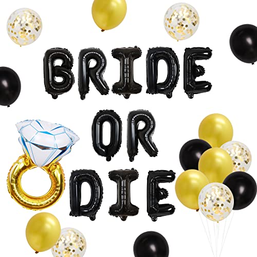 Bachelorette Party Decorations Black and Gold - Black Bride or Die Balloon Banner Diamond Ring Foil Balloon for Funny Bachelorette Hen Engagement Party Bridal Shower Supplies