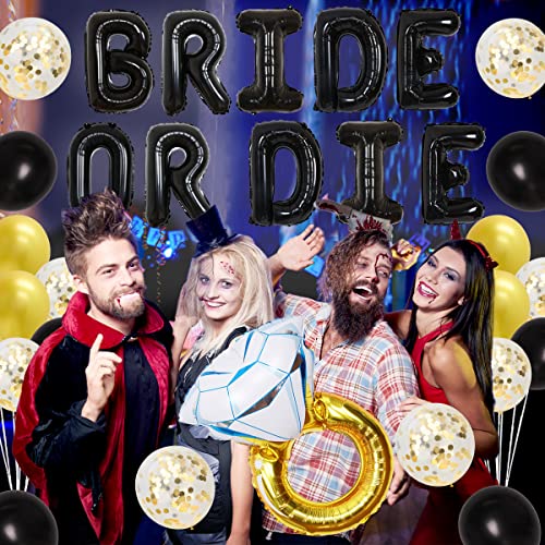 Bachelorette Party Decorations Black and Gold - Black Bride or Die Balloon Banner Diamond Ring Foil Balloon for Funny Bachelorette Hen Engagement Party Bridal Shower Supplies