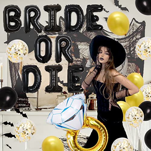 Bachelorette Party Decorations Black and Gold - Black Bride or Die Balloon Banner Diamond Ring Foil Balloon for Funny Bachelorette Hen Engagement Party Bridal Shower Supplies