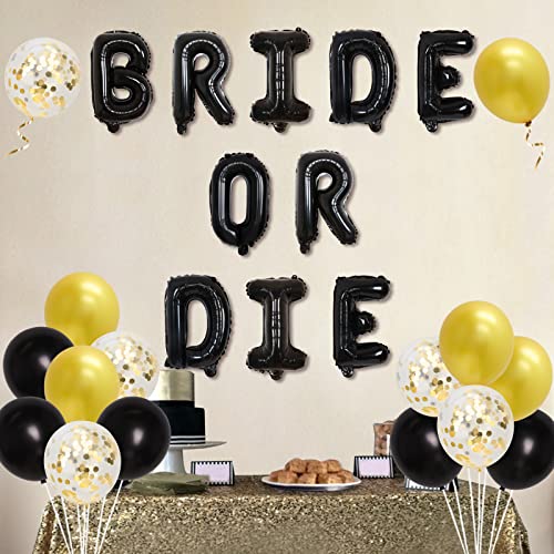 Bachelorette Party Decorations Black and Gold - Black Bride or Die Balloon Banner Diamond Ring Foil Balloon for Funny Bachelorette Hen Engagement Party Bridal Shower Supplies