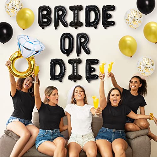 Bachelorette Party Decorations Black and Gold - Black Bride or Die Balloon Banner Diamond Ring Foil Balloon for Funny Bachelorette Hen Engagement Party Bridal Shower Supplies