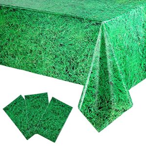 3 pieces disposable plastic grass tablecover, vibrant green grass sign tablecover for soccer or sports theme parties decorations and supplies, 54 x 108 inch