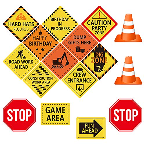 TUPARKA 16pcs Construction Themed Party Decorations Double Sided Cutouts Traffic Signs for Boys Kids Birthday Party and Bedroom Decorations