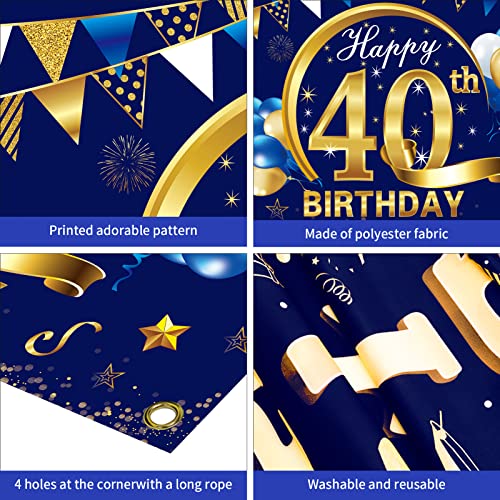 Kauayurk Happy 40th Birthday Banner Decorations for Men - Blue Gold 40 Backdrop Party Supplies Forty Year Old Photo Background Sign Decor, blue 40th