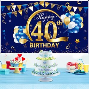 Kauayurk Happy 40th Birthday Banner Decorations for Men - Blue Gold 40 Backdrop Party Supplies Forty Year Old Photo Background Sign Decor, blue 40th