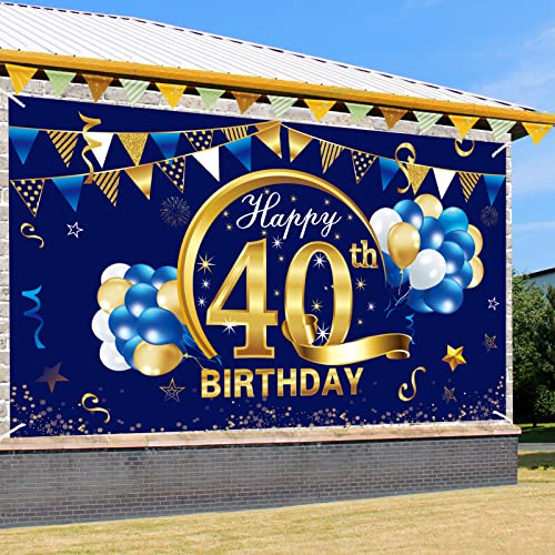 Kauayurk Happy 40th Birthday Banner Decorations for Men - Blue Gold 40 Backdrop Party Supplies Forty Year Old Photo Background Sign Decor, blue 40th