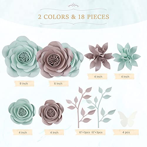 Fonder Mols Large 3D Paper Flowers Decorations for Wall (Mint & Gray, Set of 17), Nursery Decor, Wedding, Party Backrop, Bridal Shower Centerpiece, Monogram, Handmade & Assembled