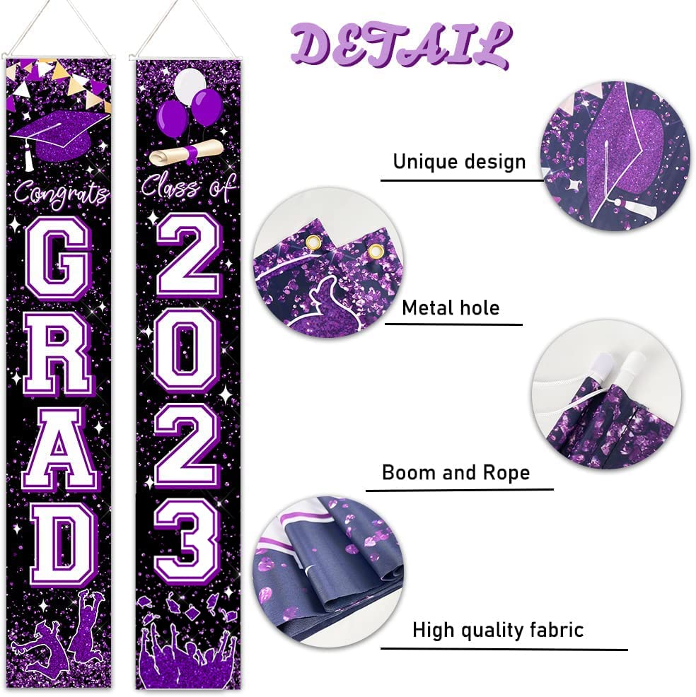 Class of 2023 Banner Purple Graduation Party Decorations Congrats Grad Banner Hanging Door Porch Signs for 2023 University and Senior High School Graduation Decorations