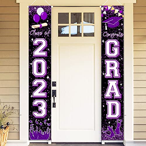 Class of 2023 Banner Purple Graduation Party Decorations Congrats Grad Banner Hanging Door Porch Signs for 2023 University and Senior High School Graduation Decorations