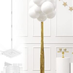 HOUSE OF PARTY DIY Balloon Topiary Stand - Balloon Holder with White Balloons & Gold Foil Curtain, Centerpiece Balloon Column for Wedding & Engagement Decorations