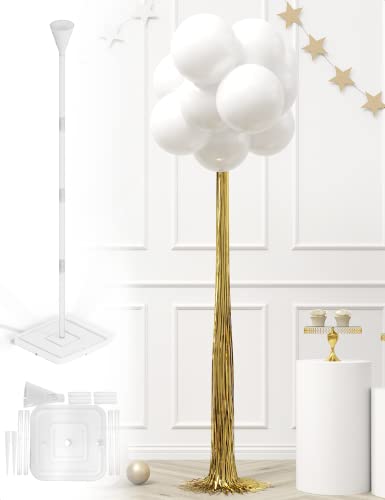 HOUSE OF PARTY DIY Balloon Topiary Stand - Balloon Holder with White Balloons & Gold Foil Curtain, Centerpiece Balloon Column for Wedding & Engagement Decorations